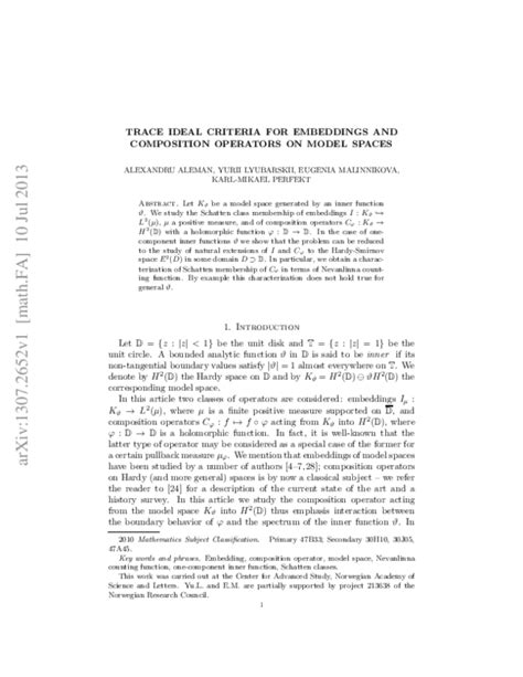 Pdf Trace Ideal Criteria For Embeddings And Composition Operators On