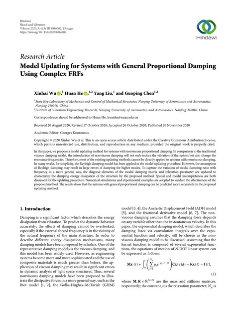 Pdf Model Updating For Systems With General Proportional Damping Using Complex Frfs