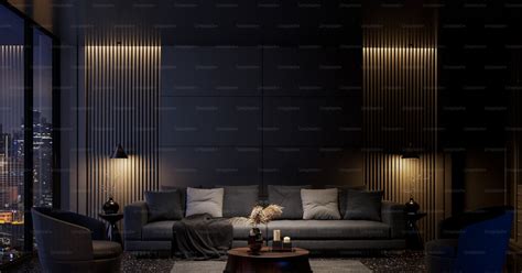 밤 3d 렌더링에 도시 전망을 갖춘 현대적인 스타일의 고급 검은 색 거실 숨겨진 조명이있는 검은 색 테라 조 바닥 장식 벽 복사 공간을위한 빈 벽이 있습니다 사진