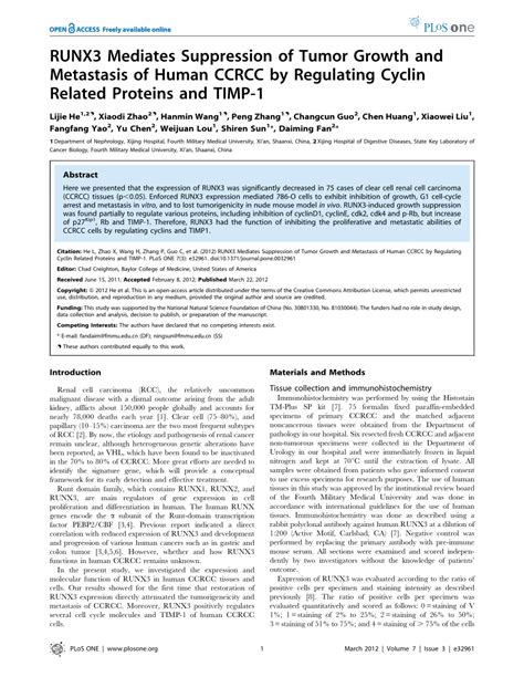 Pdf Runx3 Mediates Suppression Of Tumor Growth And Metastasis Of Human Ccrcc By Regulating