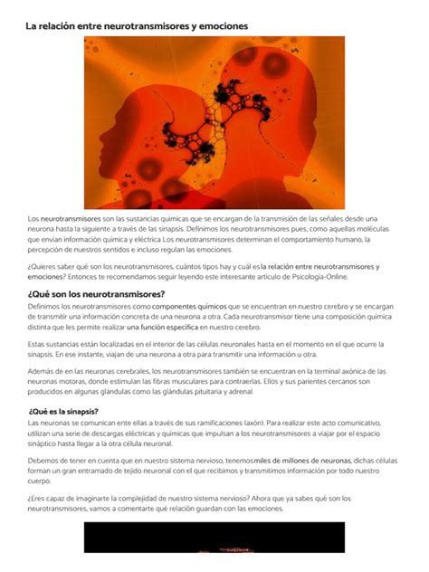 La Relación Entre Neurotransmisores Y Emociones Pdf Neurona Sinapsis