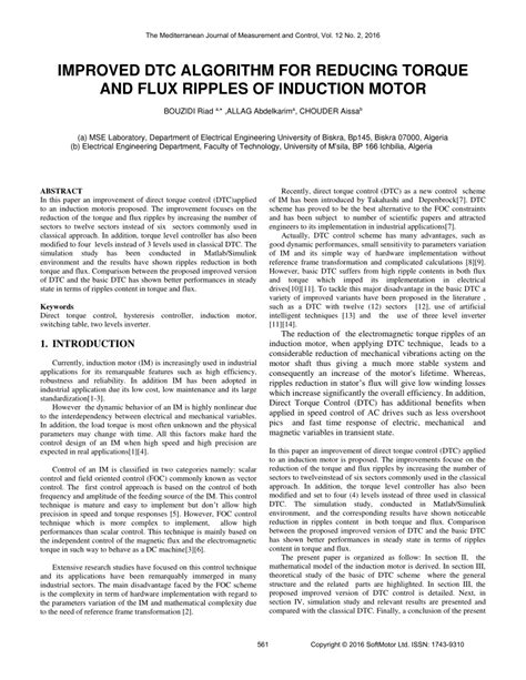 Pdf Improved Dtc Algorithm For Reducing Torque And Flux Ripples Of