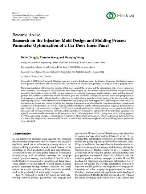 Pdf Research On The Injection Mold Design And Molding Process Parameter Optimization Of A Car