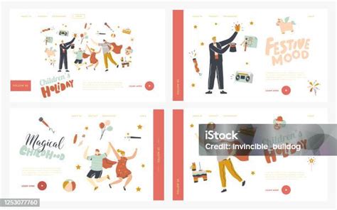 놀이 쇼 방문 페이지 템플릿 세트 애니메이터 캐릭터는 마법의 트릭을 수행하고 슈퍼 히어로의 역할을 재생 하는 어린이 생일 파티에서 아이들을 즐겁게 선형 사람 벡터