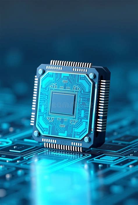 Microchip On A Circuit Board With Glowing Patterns In Blue Stock Illustration Illustration Of