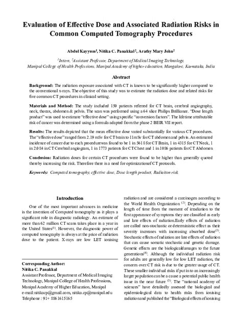 Pdf Evaluation Of Effective Dose And Associated Radiation Risks In Common Computed Tomography