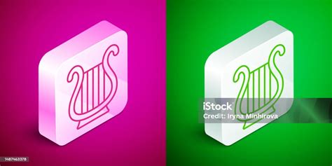 등각 투영 선 고대 그리스 거문고 아이콘은 분홍색과 녹색 배경에 분리되어 있습니다 클래식 음악 악기 Orhestra 현악 음향 요소 실버 스퀘어 버튼 벡터 3차원 형태에