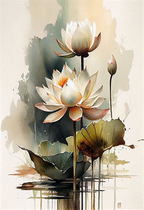 White Lotus Flower Art Print Botanical Watercolors Illustration