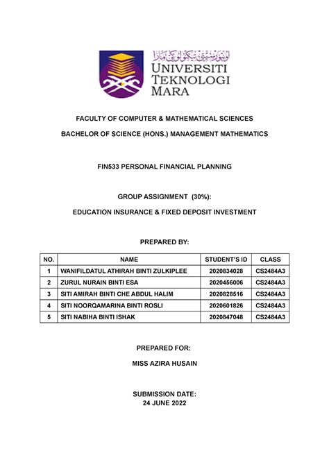 Group Assignment FIN FACULTY OF COMPUTER MATHEMATICAL SCIENCES BACHELOR OF SCIENCE Studocu