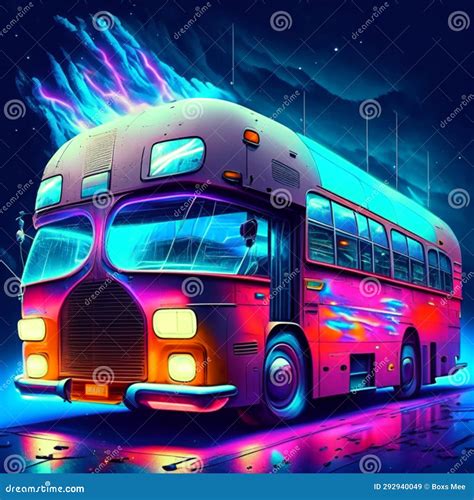 Illustration Of A Bus At Night On A Dark Background With Neon Lights Generative AI Stock