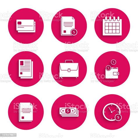 서류 가방을 설정하고 지폐 현금을 쌓고 시간은 동전 지갑 파일 문서 달력 및 신용 카드 아이콘입니다 벡터 가방에 대한 스톡 벡터 아트 및 기타 이미지 Istock