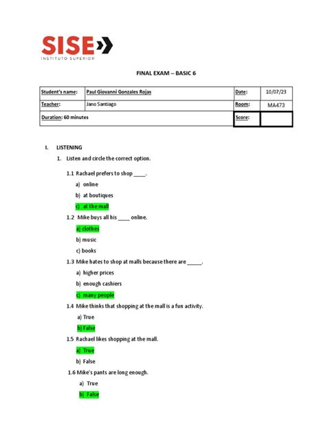 Final Exam Basic 6 Pdf Money Business