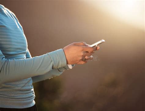 Outdoor Hands And Woman With Smartphone For Fitness Exercise And Connection For Tracking