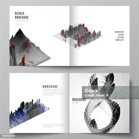 정사각형 디자인 폴드 브로셔 잡지 전단지 소책자를 위한 두 개의 커버 템플릿의 벡터 레이아웃 빅 데이터 동적 기하학적 배경입니다 모션 효과와 큐브 패턴 디자인입니다 3d