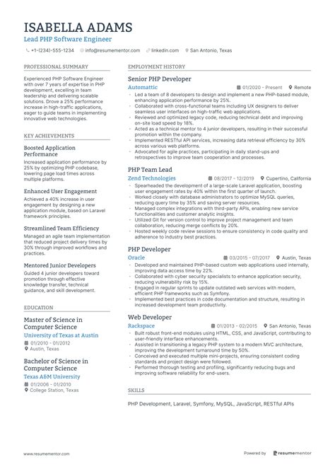 php developer resume example free to edit ats friendly pdf 2025