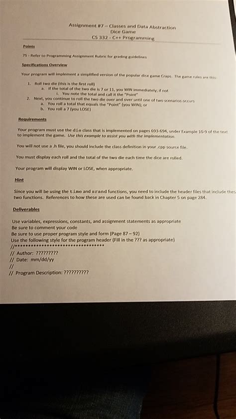 Solved Assignment 7 Classes And Data Abstraction Dice Game
