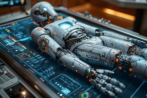 Automated Robotic Arms Working On A Humanoid Robot In A High Tech Lab