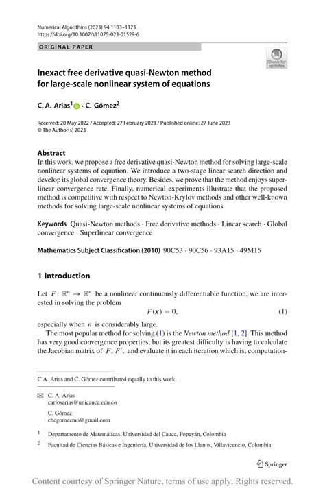 Pdf Inexact Free Derivative Quasi Newton Method For Large Scale
