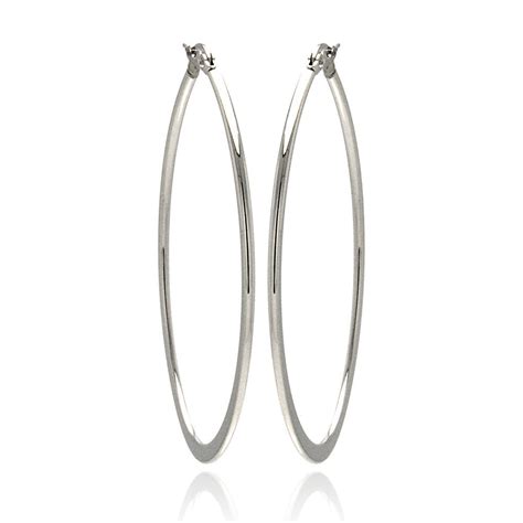 Rhodium Plated Stainless Steel Flat Oval Hoop Earrings Sse00056