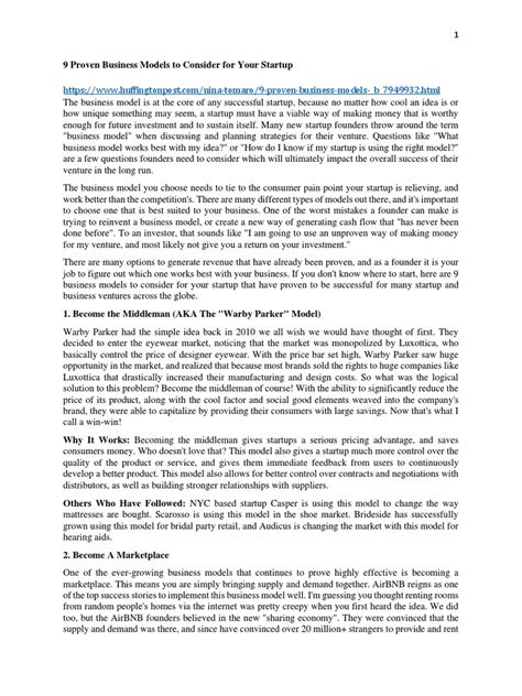 Business Models To Consider For Your Startup Pdf Startup Company Small Business