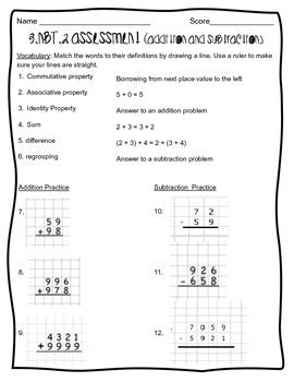 NBT Addition And Subtraction Assessment Quiz Pre Test Post Test