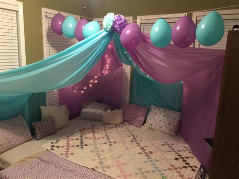 Birthday Sleepover Party Bedroom Decorated With Balloons And Fabric