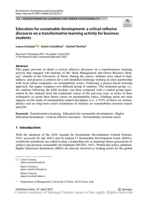 2022 Education For Sustainable Development A Critical Reflexive Discourse On A Transformative