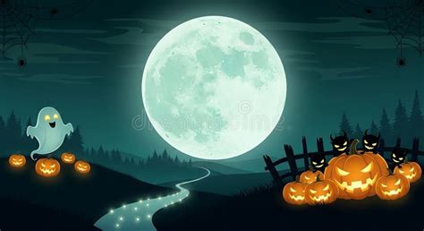 Eerie Halloween Night Under A Giant Glowing Moon With A Ghost Black