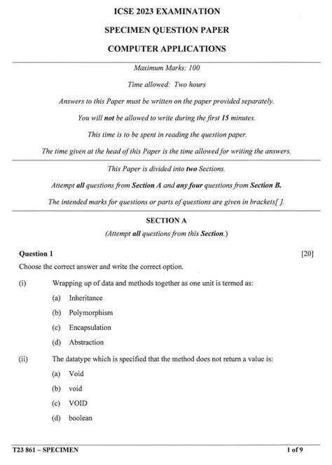 Icse Computer Applications Specimen Paper 2023 Cisce Class 10 Computer Applications Sample