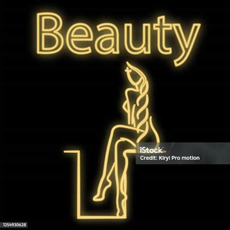 밝은 빛나는 노란색 네온 사인 뷰티 살롱 스파 사우나 목욕 아름다운 아름다운 빛나는 뷰티 스파와 검은 색 배경에 슬림 한 그림과 다리를 가진 앉아있는 여성 벡터