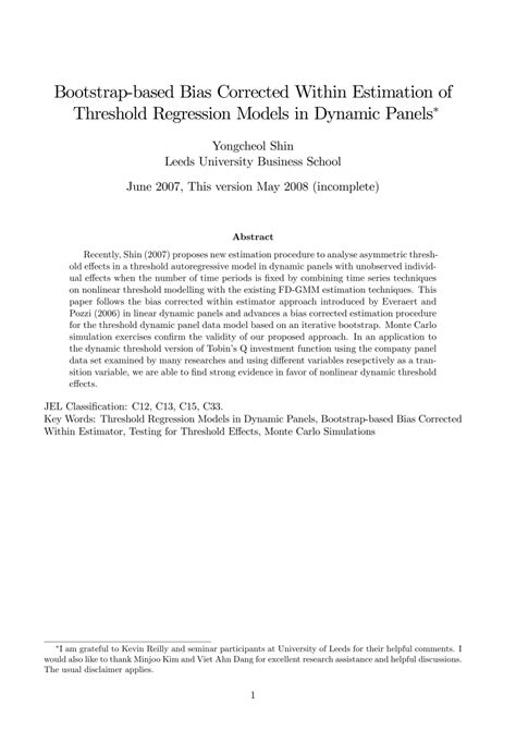 Pdf Bootstrap Based Bias Corrected Within Estimation Of Threshold Regression Models In Dynamic