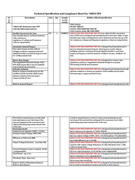 Occ Compliance Sheet For 70 80 And 100kva Ups Aaa Download Free Pdf