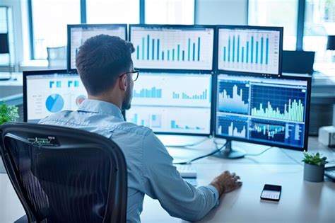 Financial Analyst Reviewing Data On Multiple Monitors Premium Ai