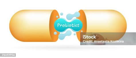 내부에 프로바이오틱스가 들어 있는 노란색 오픈 캡슐 소화 장내 미생물 면역 수용성 껍질 유체 의학 알약 치료 건강 관리 비타민 식이 보충제 과학 약리학 건강관리와 의술에