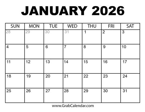 January 2026 Calendar Grid Layout Calendar 2026