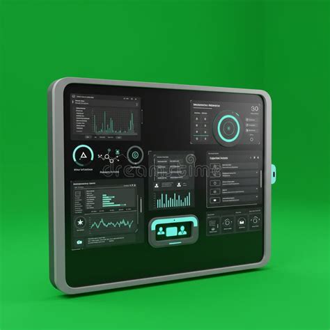 A Digital Dashboard Interface Displayed On A Tablet Screen Against A Vibrant Green Stock