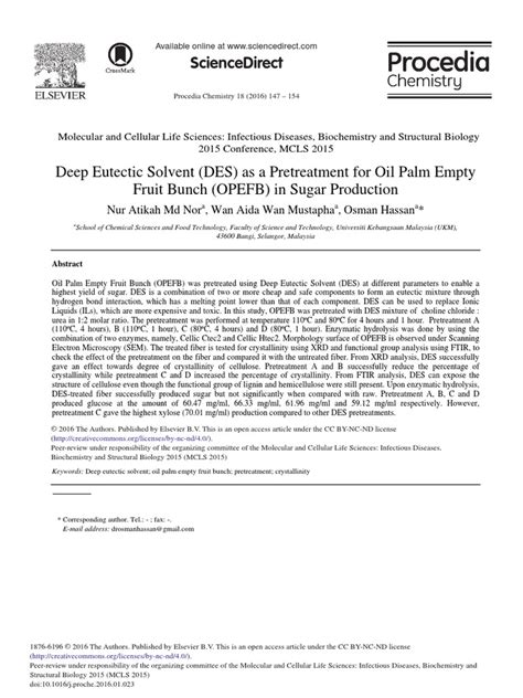 Deep Eutectic Solvent Des As A Pretreatment For Oil Palm Empty Fruit