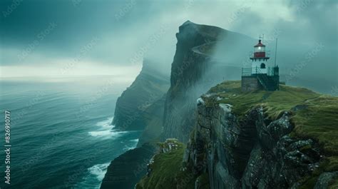 Atop Mykines Holmur The Lighthouse Overlooks The Dramatic Cliffs And