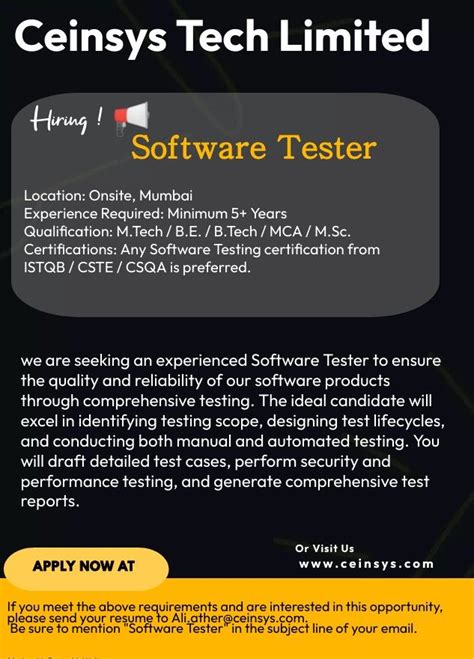 Hiring Softwaretester Qa Hiring Mumbaijobs Ceinsystech
