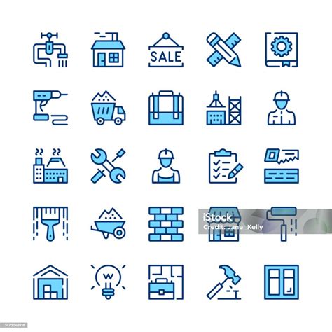 건설 라인 아이콘입니다 건설 아이콘의 집합입니다 푸른 색 윤곽선 획 심볼 벡터 선 아이콘 세트 전기 연료 및 전력 생산에 대한