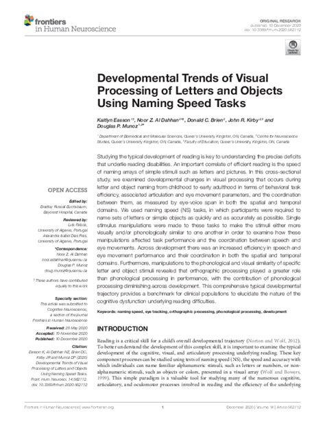 Pdf Developmental Trends Of Visual Processing Of Letters And Objects Using Naming Speed Tasks
