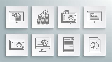 라인 안전 설정 코인 성장 차트에서 로켓 비행 그래프 문서 및 돈이 있는 컴퓨터 모니터 보드 이력서 및 아이콘 벡터 강철에 대한 스톡 벡터 아트 및 기타 이미지 Istock