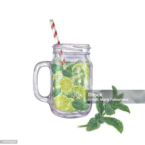 민트 잎 얼음 조각 라임 조각 유리병에 빨대를 곁들인 상쾌한 음료 흰색 배경에 분리된 모히토 칵테일의 수채화 그림 메뉴칵테일