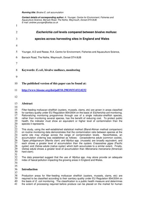 Pdf Comparison Of Escherichia Coli Levels Between Bivalve Mollusc Species Across Harvesting