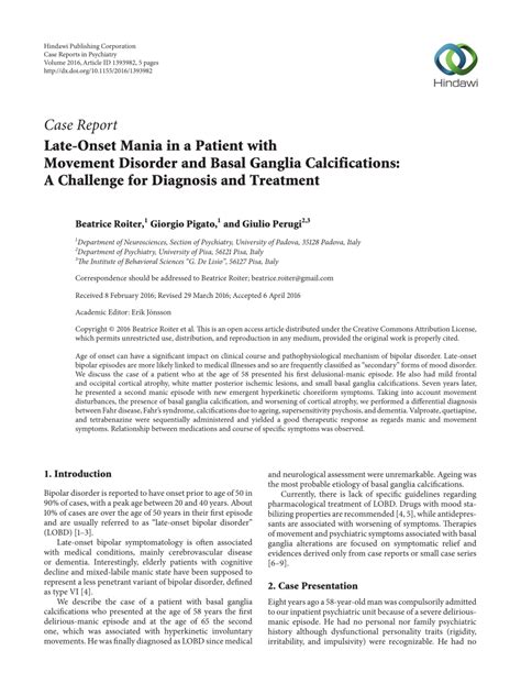 Pdf Late Onset Mania In A Patient With Movement Disorder And Basal Ganglia Calcifications A