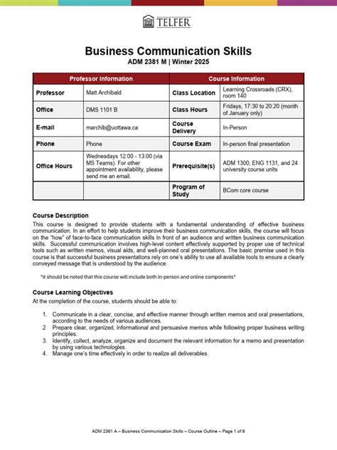 Business Communication Skills Course Outline Pdf Communication
