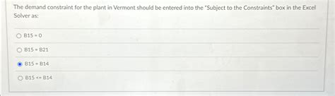 Solved The Demand Constraint For The Plant In Vermont Should Chegg Com