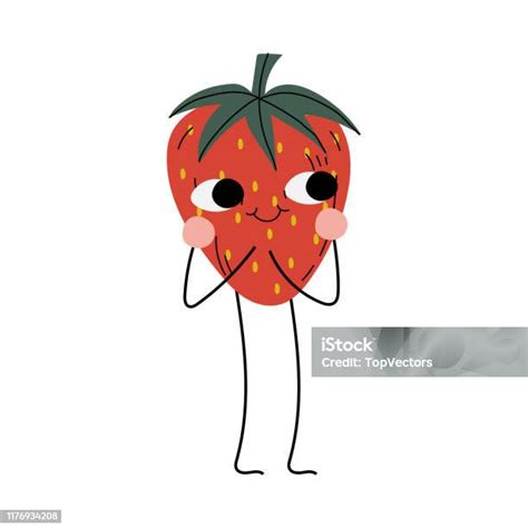 귀여운 잘 익은 딸기 쾌활한 베리 캐릭터와 재미있는 얼굴 벡터 일러스트 건강한 식생활에 대한 스톡 벡터 아트 및 기타 이미지