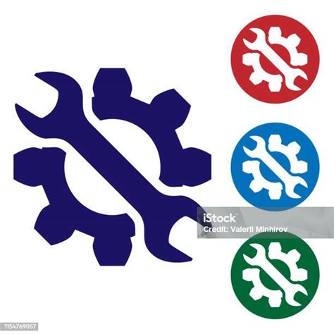 파란색 렌치와 기어 아이콘 흰색 배경에 고립입니다 조정 서비스 설정 유지 보수 수리 및 수정 원 버튼의 색상 아이콘을 설정 합니다 벡터 일러스트 건설 산업에 대한 스톡 벡터