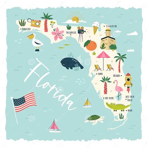 Colorful Illustrated Map Of Florida State Usa With Animals Famous